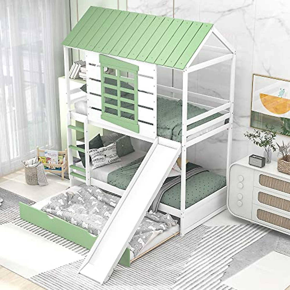 DEYOBED Twin Over Twin House Bunk Bed with Slide for Kids, Wooden Bunk Beds with Trundle for Girls Boys, Slide Playhouse Bed, White+Green