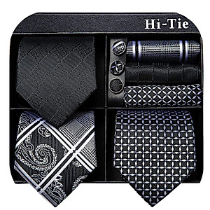 Hi-Tie 3/5 Pcs Gift Box Mens Tie Set Necktie with Pocket Square and Cufflinks Silk Neck Tie Collection,Black