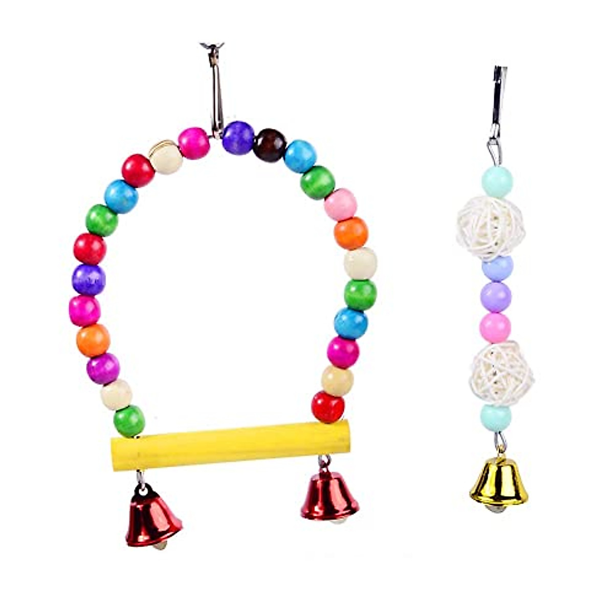 Bird Toys 6Pcs Wooden Hanging Bell with Hammock Climbing Ladders Colorful Pet Bird Swing Toys for Budgerigar, Parakeet, Conure, Cockatiel, Mynah, Love Birds, Finches