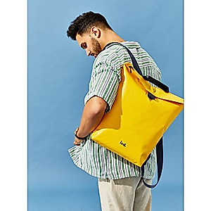 iod 15L Weatherproof Backpack with Zipper & Magnetic Fastener - Tarpaulin Bag with Adjustable Backpack Straps (Yellow with dark blue straps)