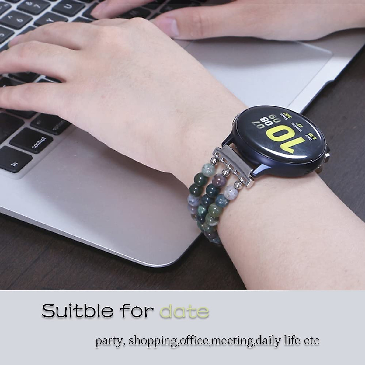 KAI Top Beaded Bracelet Compatible with Samsung Galaxy Watch 7 6 5 4 Band 40mm 44mm/Watch 6 Classic 43mm 47mm/Watch 5 Pro 45mm/Watch 4 Classic/Active 2 Band, 20mm Elastic Stretchy Wristband for Women