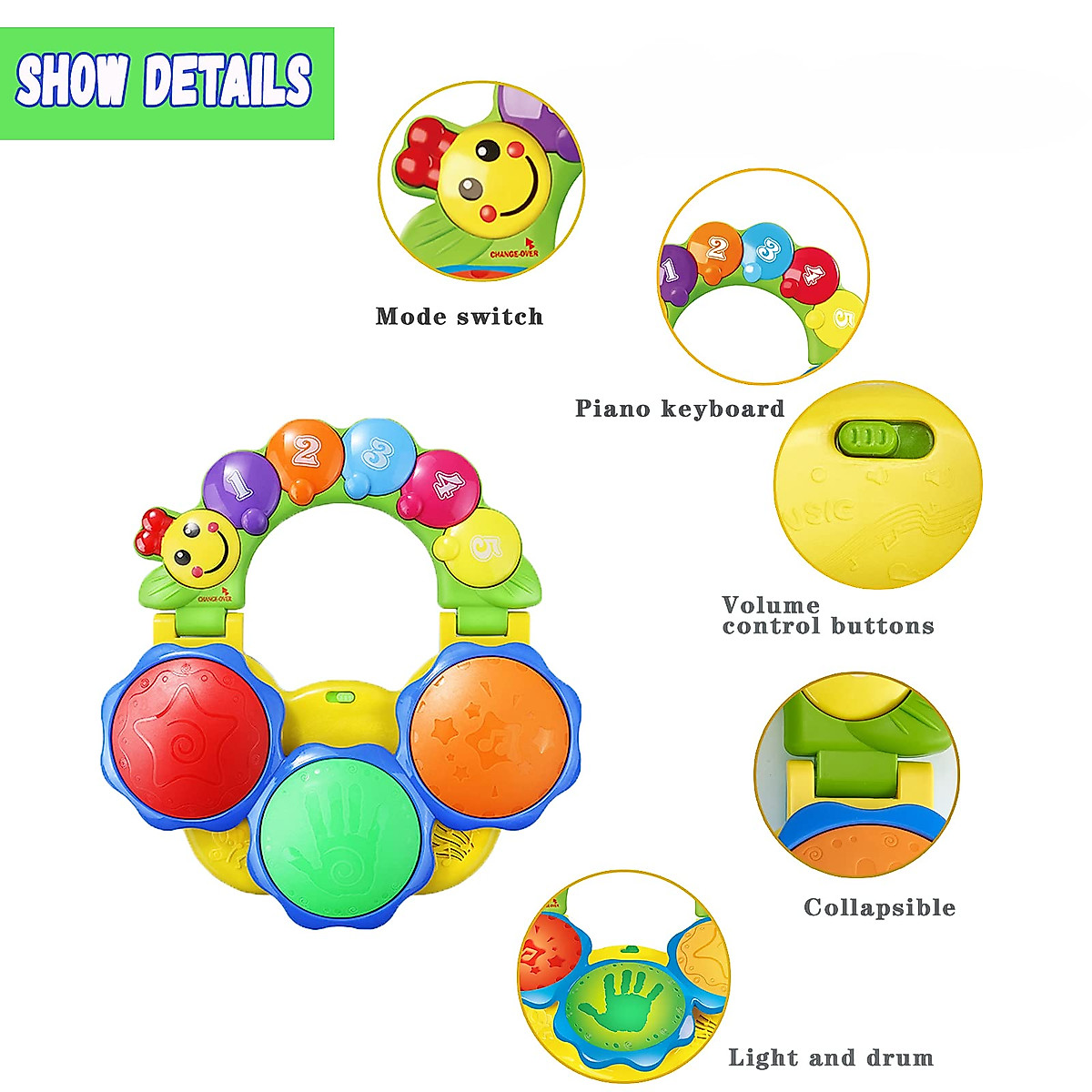 Musical Drum Piano Baby Toys 6 to 12 Months Baby Toys 12 to 18 Months Infant Toys Early Education Music/Lights/Funny Sounds Christmas Birthday Gifts Toys for 1 2 3 4 Year Old Boys