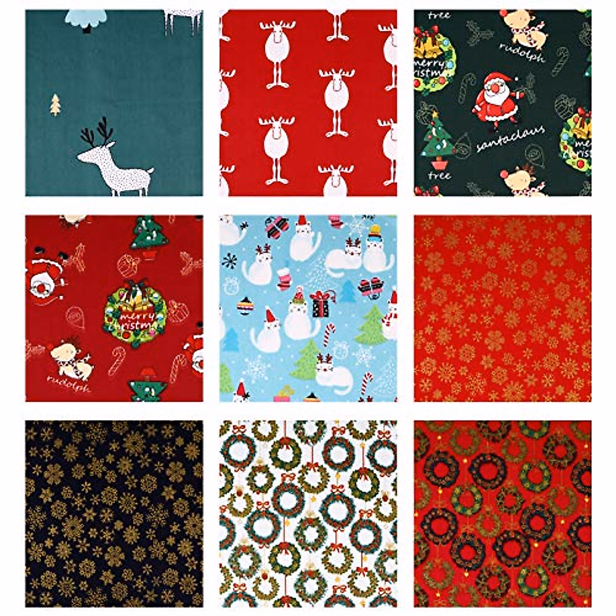 Fabrics 9Pcs Christmas Cotton Fabric Bundles Multi-Color Fabric Patchwork Christmas Tree Fat Quarters Precut Santa Claus Fabric Scraps for Christmas DIY Quilting Quilting Fabric