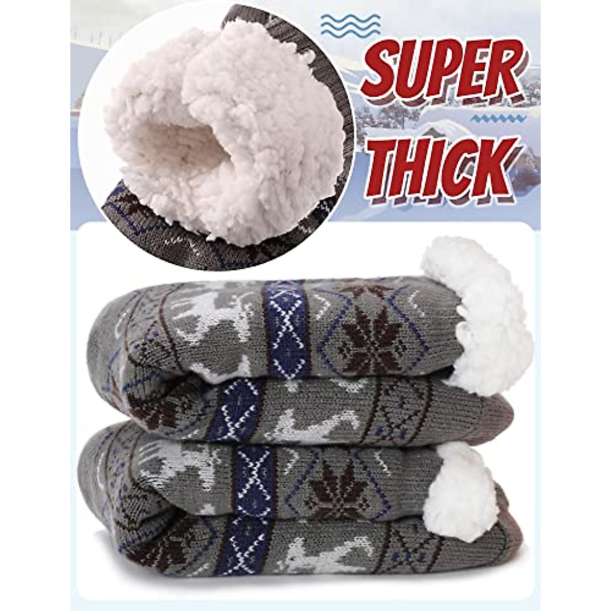 ProEtrade Slipper Socks for Men Fuzzy Fluffy Winter Cozy Cabin Warm Thick Fleece Comfy Non Slip Home Grips Socks Stocking Stuffer Christmas White Elephant Gift(Light Grey)