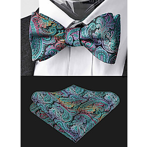 Alizeal Men's Retro Paisley Self-Tie Bow Tie and Handkerchief Set (Peacock Blue)