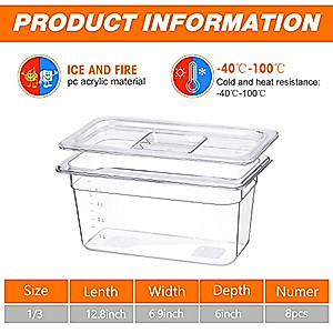 Fumete 8 Sets Clear 1/3 size, 6 Inch Deep Food Pan Polycarbonate Square Food Storage Containers with Lids for Kitchen Restaurant Food Prep, Clear, 5.6qt