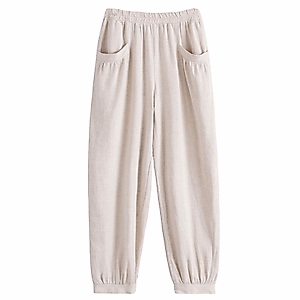 Minibee Women's New Cotton Linen Tapered Cropped Pants Elastic Waist Trousers Beige-XL