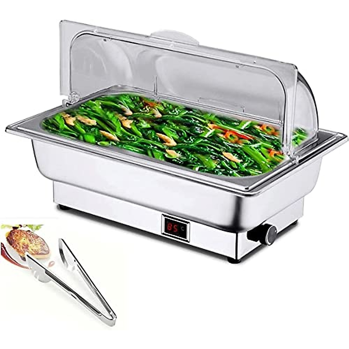 Food Warmer, Chafing Dish Stainless Steel Chafing Dishes, 9L Buffet Server, Catering Food Warmers with 90° Half Clamshell for Parties, Buffets, Adjustable Temperature (1/2 Size Foo