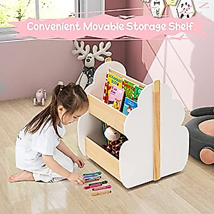 UIIAIOUIAIO Kids Bookshelf, 2-Tier Wooden Storage Shelf Book Rack with Universal Wheel
