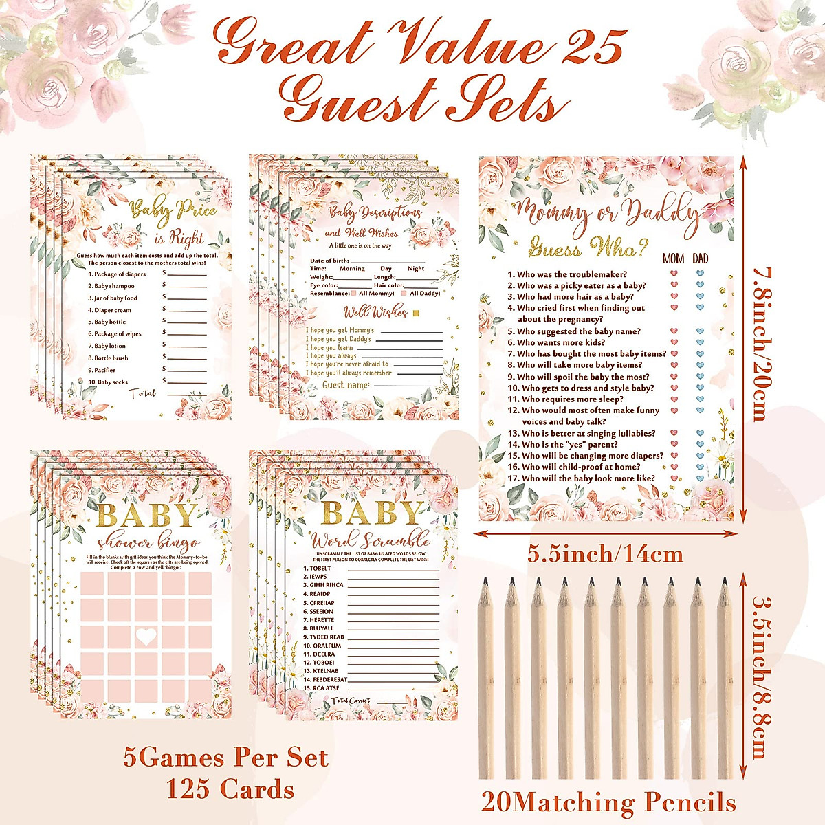 125 Pcs Floral Baby Shower Games for Girls Set of 5 Baby Shower Game Activities Floral Cards with 20 Pencils Includes Baby Bingo Guess Who Baby Price Is Right Description Word Scramble Game