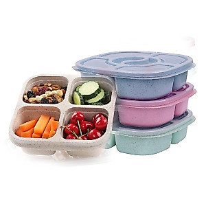 TurtingAs Snack Containers, 4 Pack Reusable Bento Snack Box, 4 Compartments Meal Prep Lunch Containers for Kids Adults, Divided Food Storage Containers for School Work Travel