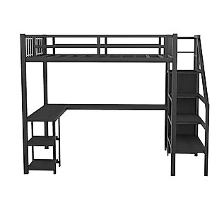 Full Size Loft Bed with Desk and Stairs Metal Full Loft Bed with Storage Wardrobe and Charging Station Adult Loft Bed with LED Lights and Adjustable Shelf for Kids Teens, Black