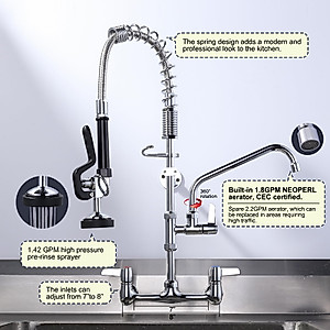 Commercial Kitchen Faucet with Sprayer, Pre-Rinse Wall Mount Kitchen Sink Faucet 25" Height Kitchen Tap with 9.6" Add-on Swing Spout for Restaurant