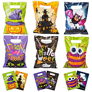 DECORLIFE 72 Pcs Halloween Treat Bags, 6 Styles Heavy Duty Halloween Bags Bulk with Handle, Loot Bags for Goody, Candy, Gift, Treat or Trick