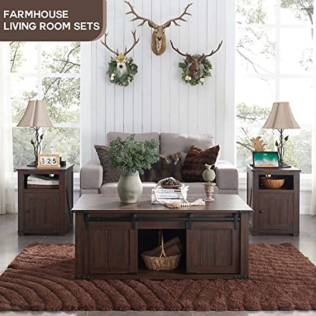 SinCiDo 48” Lift Top Coffee Table with Storage & Sliding Groove Barn Door, Farmhouse Coffee Table Rustic Wood Cocktail Table w/Double Storage Spaces for Living Room, Brown