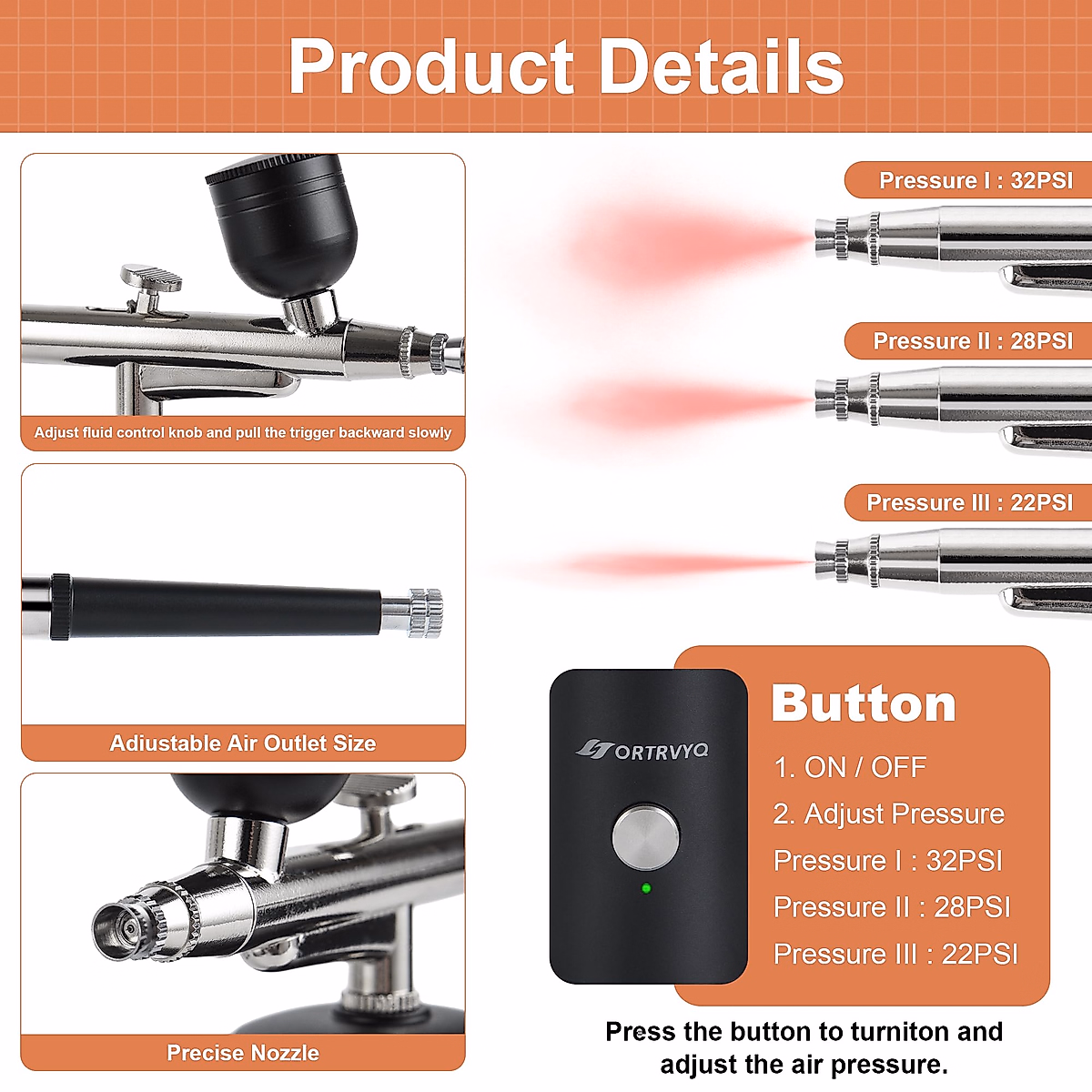 ORTRVYQ Airbrush Kit, Rechargeable Cordless Airbrush Compressor 0.3mm Nozzle 32PSI High Pressure Air Brush Set for Cake Decor, Barber, Tattoo, Nail Art, Makeup, Model Painting Black