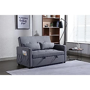 Polibi 55.1" Modern 3-in-1 Convertible Sleeper Sofa Bed w/Side Pockets, Linen Upholstered Pull Out Sofa Bed Couch with 3 Adjustable Angle Backrest and Two Throw Pillows (Dark Grey)