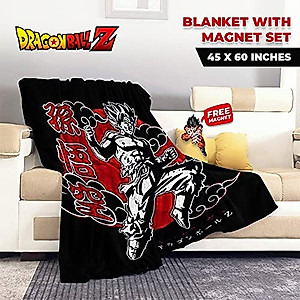Stunned Mind Dragon Ball Z Blanket with Black/White and Red Accents, with Magnet Featuring Goku Using his Kamehameha Wave, 45” x 60”, Shonen Jump Set
