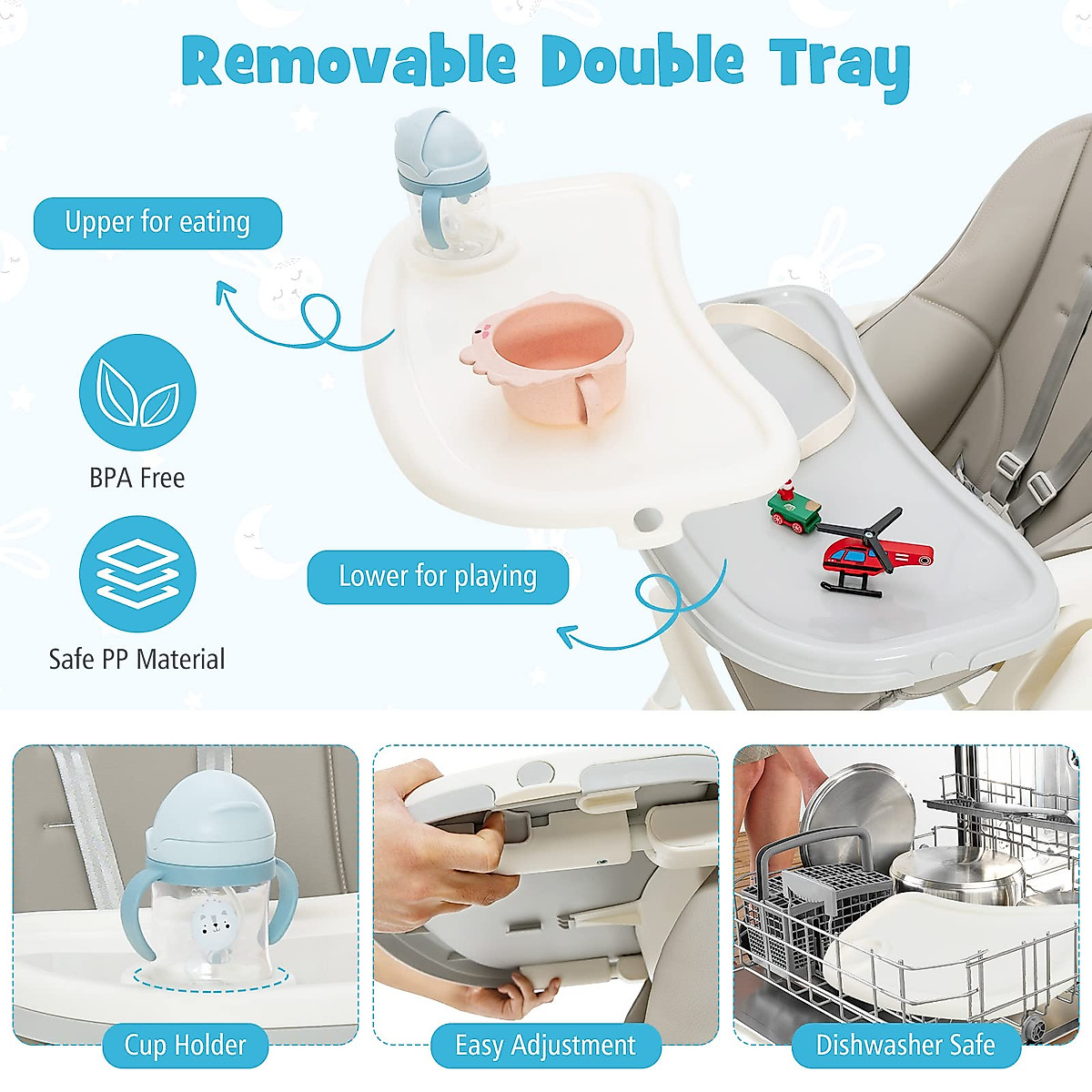 BABY JOY High Chair for Babies & Toddlers, Foldable Highchair with Adjustable Backrest, Footrest and Height, Removable Tray, Detachable Seat Cushion, 4 Lockable Wheels (Gray)