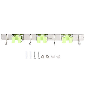 Pissente Mop Hanger Wall Broom Door with 3 Clips and 4 Hooks Hanging Stainless Steel Wallshade Mop Support for Balcony Garden Bathroom Kitchen