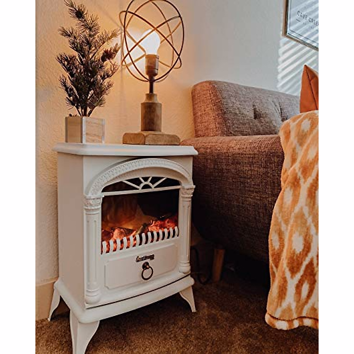 e-Flame USA Hamilton Indoor Compact Freestanding Electric Fireplace Space Heater - Realistic 3-D Wood Burning Flame (Winter White)