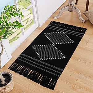 MitoVilla Black Boho Rug 2'x3', Black White Small Boho Bathroom Rug with Tassel, Farmhouse Geometric Bath Mat, Bohemian Runner Rug for Bedroom, Washable Cotton Woven Living Room Throw Rug
