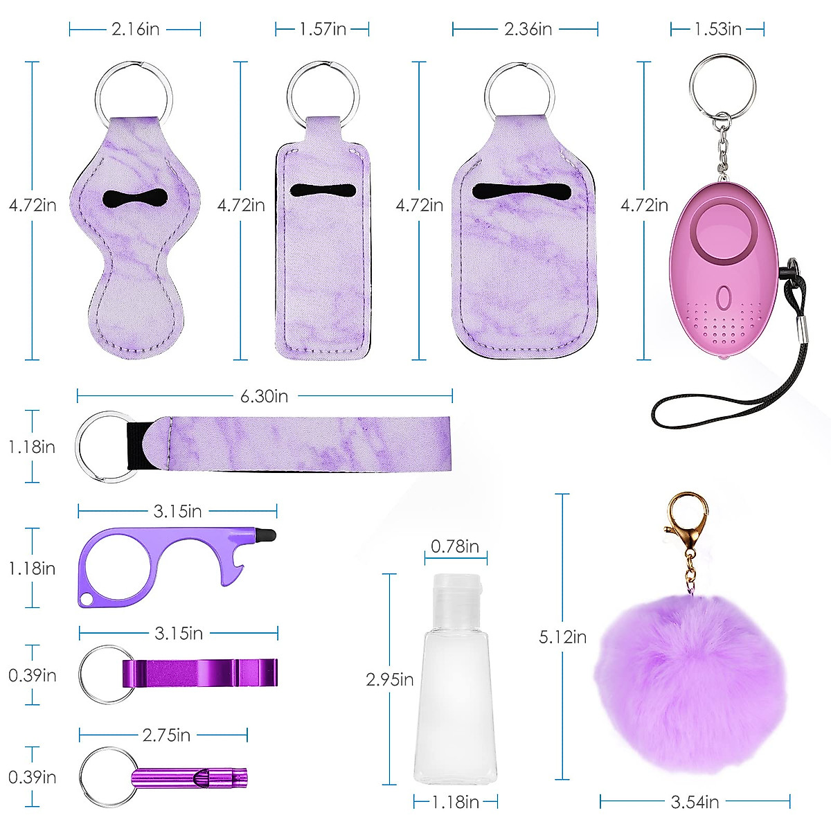 AMIR Safety Keychain Set for Women and Kids, 10 Pcs Safety Keychain Accessories, Keychain Set for Girls with Safe Sound Personal Alarm, No Touch Door Opener, Whistle and Pom, Purple