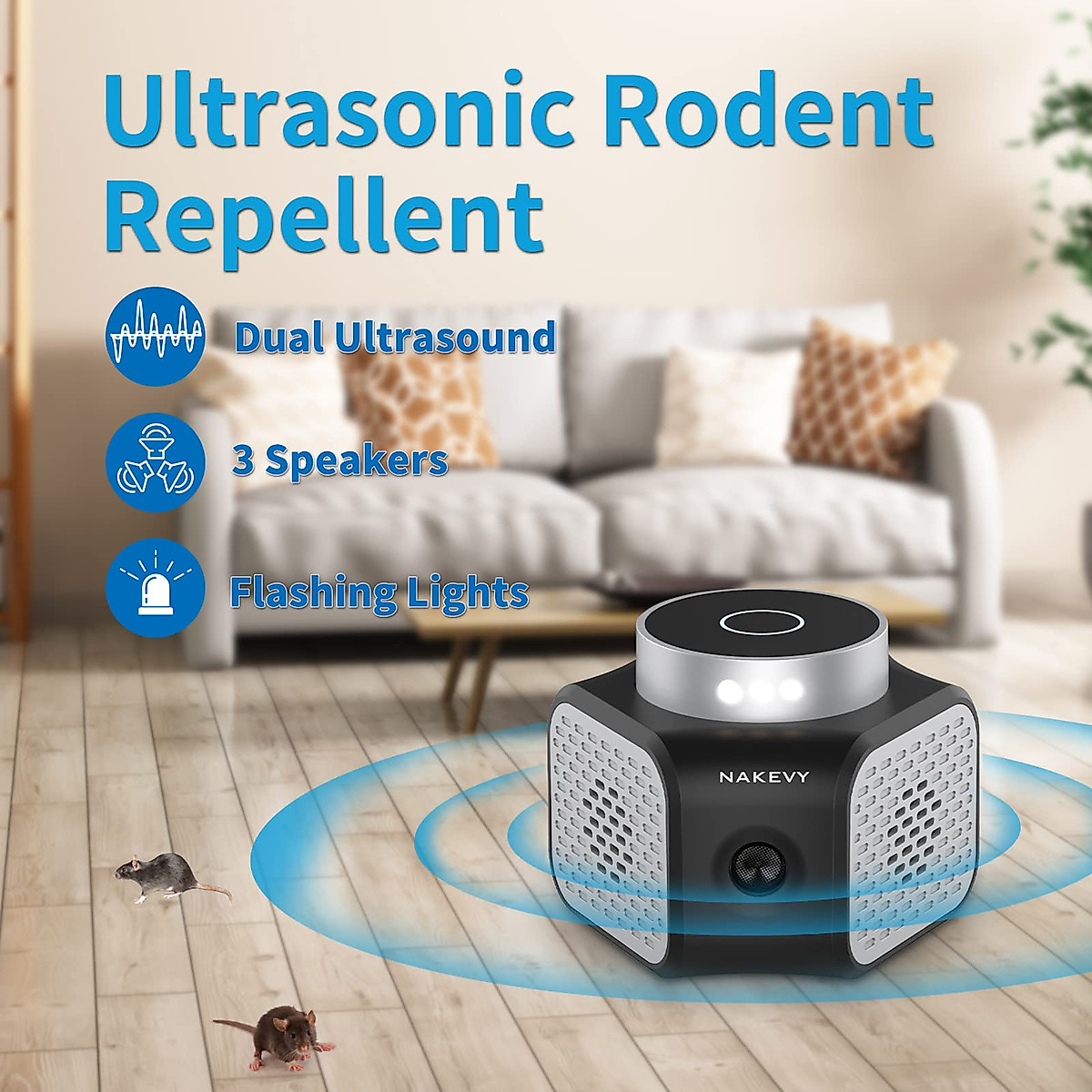 NAKEVY Plug in Rodent Repellent Indoor Pest Repeller Squirrels Mouse Deterrent Rat Control with Ultrasound Impulse LED Flashlights Predator Sounds for Home Attic Garage RV Silver