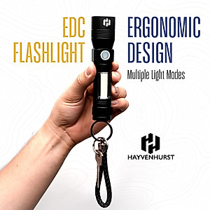 Hayvenhurst LED Flashlight - EDC Flashlight - Tactical Flashlight - 3 in 1 Lightweight, Compact and Rechargeable Pocket Flashlight with Lavish Black Body for Emergency Power Outage