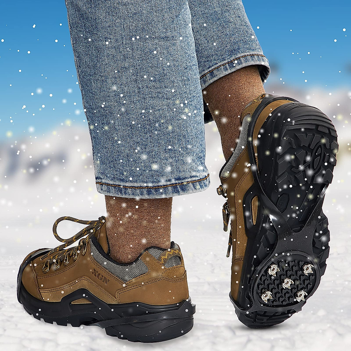 Syhood 6 Pairs Non Slip Gripper Spike Shoe Grips with 5 Studs Crampons Universal Ice Traction Cleats Snow Ice Hiking Fishing (Black,Large)