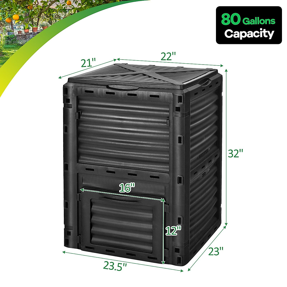 Goplus Compost Bin, 80 Gallon (300 L) Large Outdoor Composting Box w/Top Flip Latch-on Lid, Bottom Exit Door, BPA Free Material, Grass Food Trash Composter Barrel for Garden Yard (Black)