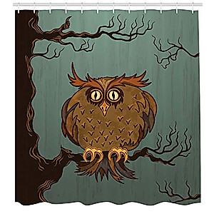 Ambesonne Owl Shower Curtain, Exhausted Hangover Tired Owl in Oak Tree with Eyebrows Nature Cartoon Funny Artwork, Cloth Fabric Bathroom Decor Set with Hooks, 69" W x 70" L, Blue Brown