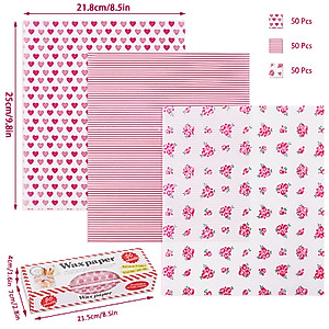 Whaline 150Pcs Valentine's Day Wax Paper Sheets Heart Rose Stripe Pink Food Picnic Paper Greaseproof Waterproof Wrapping Tissue for Food Deli Hamburger Sandwich Valentine's Day Cooking Frying