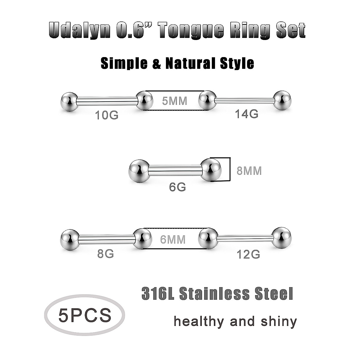 Udalyn 5Pcs Stainless Steel Tongue Ring Internally Threaded Straight Body Piercing Set 6-14G