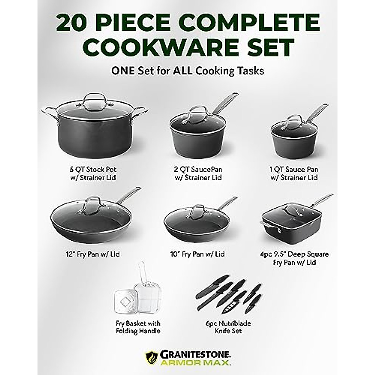 Granitestone Armor Max 20 Pc Pots and Pans Set Nonstick Cookware Set, Complete Kitchen Cookware Set with Non Stick Pots and Pans Set with Lids + Knife Set, Induction/Oven/Dishwasher Safe, Non Toxic
