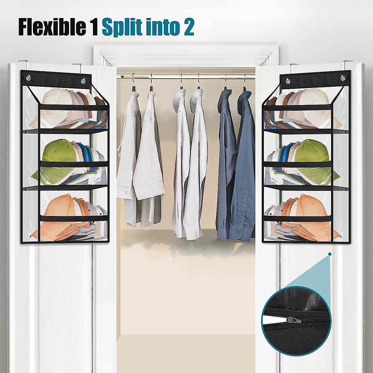 AOODA 2 Packs Clear Over the Door Hat Organizer for Baseball Caps, Flexible Hat Rack for Narrow Door, 6-Shelf Hanging Hat Storage Holder for Closet, Wall, RV (Black)