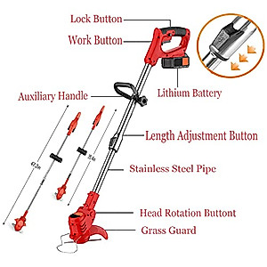 Weed Wacker Cordless Grass Trimmer Electric Weed 90~120cm Retractable, 3 Kinds of Adjustable Blades, 24v Electric Cordless Garden Trimmer with Battery and Charger for Garden (RED)