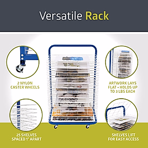 Pearington Mobile 25-Shelf Art Drying Rack for Classrooms and Art Studios, Heavy-Duty Steel Rolling Art Rack Cart with 25 Wide Shelves, Blue
