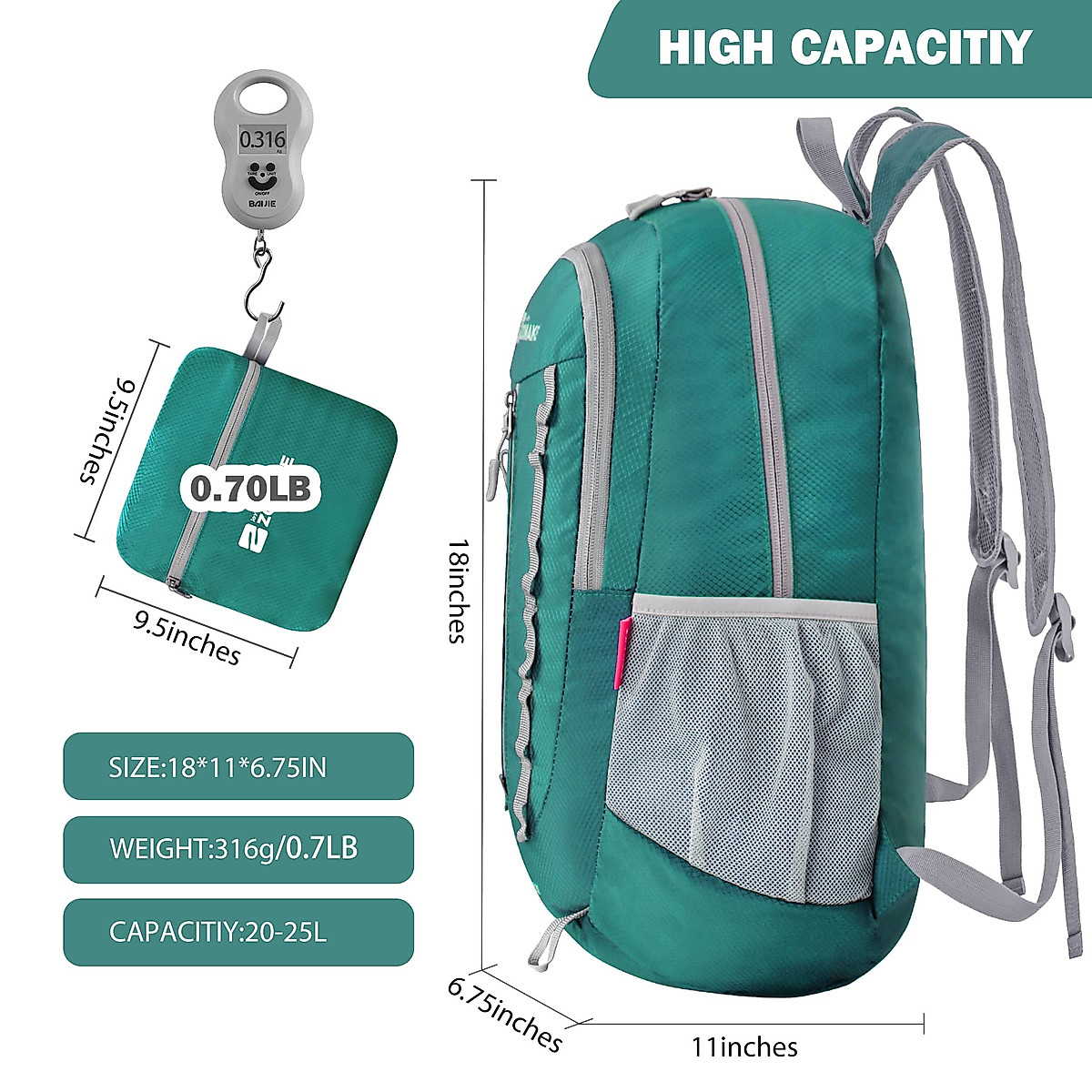 ZOMAKE Packable Hiking Backpack Water Resistant:32L Lightweight Foldable Backpacks - Small Packable Back Pack for Travel Camping Hiking Women Men (Olive green)