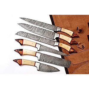 Randy,Custom made damascus steel kitchen/chef's knife set with leather roll bag DR-1061-B-6.
