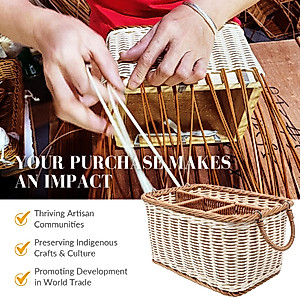 Hemoton Utensil Holder Silverware Caddy, Rattan Hand Woven Cutlery Storage Organizer, Multifunctional Divided Storage Basket, for Hold Forks, Knives, Napkins, Foods and Sundries （ Flexible Handle ）