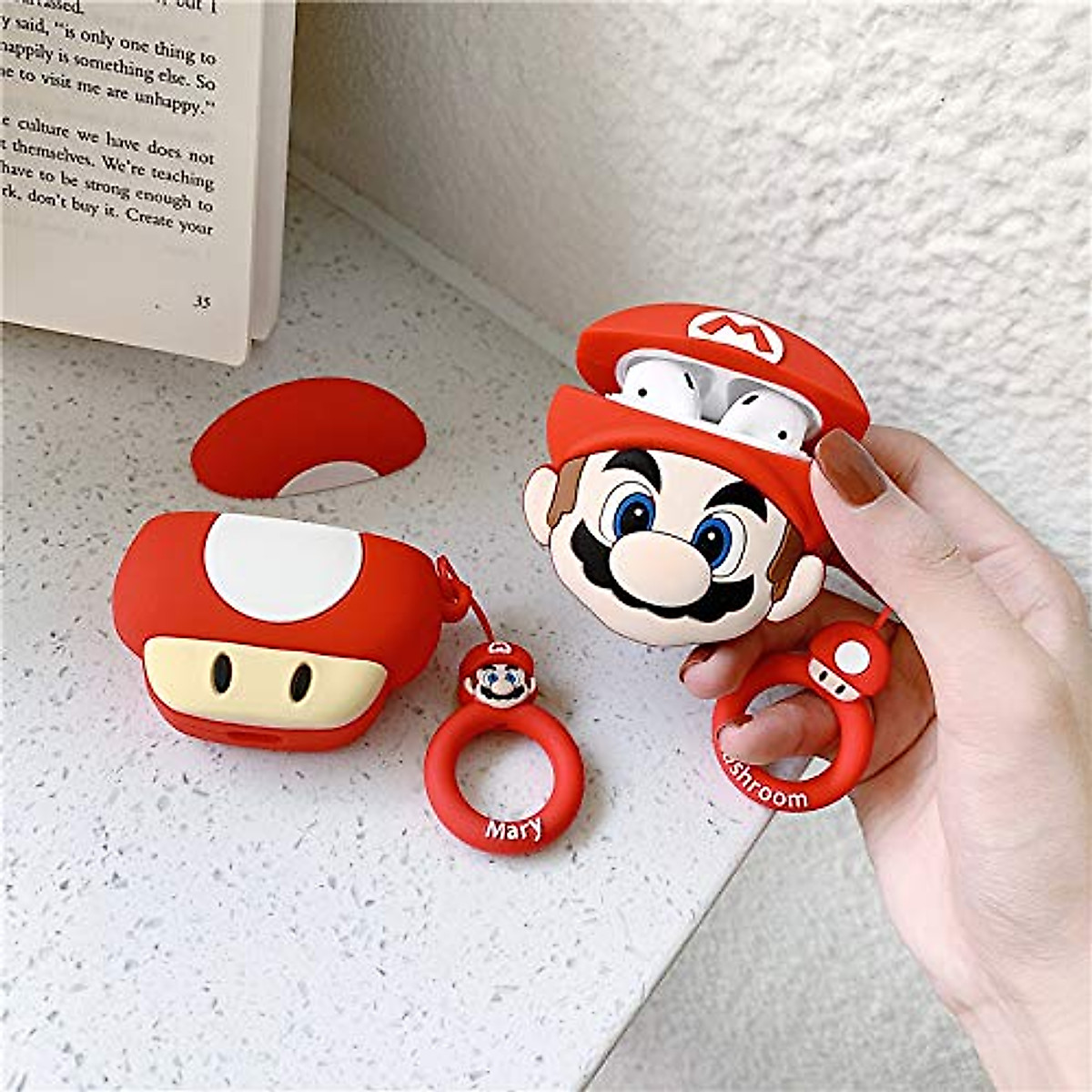 ZAHIUS Airpods Silicone Case Funny Cover Compatible for Apple Airpods 1&2 [Cartoon Pattern][Best Gift for Girl Boy](2PACK Super Mario/Super Mushroom)