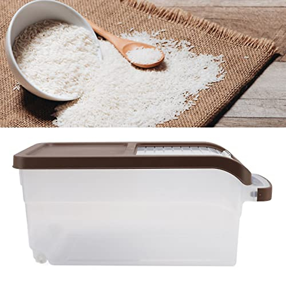 Kitchen Food Container, Food Grade PP Rice Storage Box Transparent 10kg Bottom Pulley Sealed Dishwasher Safe with Measuring Cup for Restaurant(Brown)