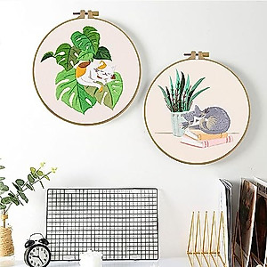 Embroidery Starter Kit for Adults Beginners with Sleepy Cat Green Plant Leaves Pattern Stamped Cross Stitch Set with Embroidery Cloth Hoop Needles Threader Colorful Floss and Instruction
