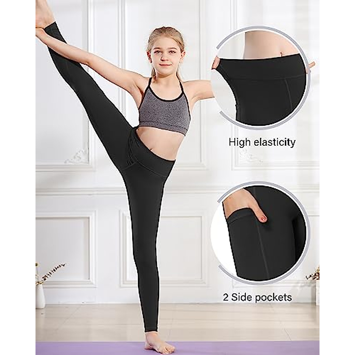 Stelle Girls Athletic Active Dance Tight Legging Pants with Pockets for Running Yoga Workout (Black (2 Side Pocket), 8-9 Years)