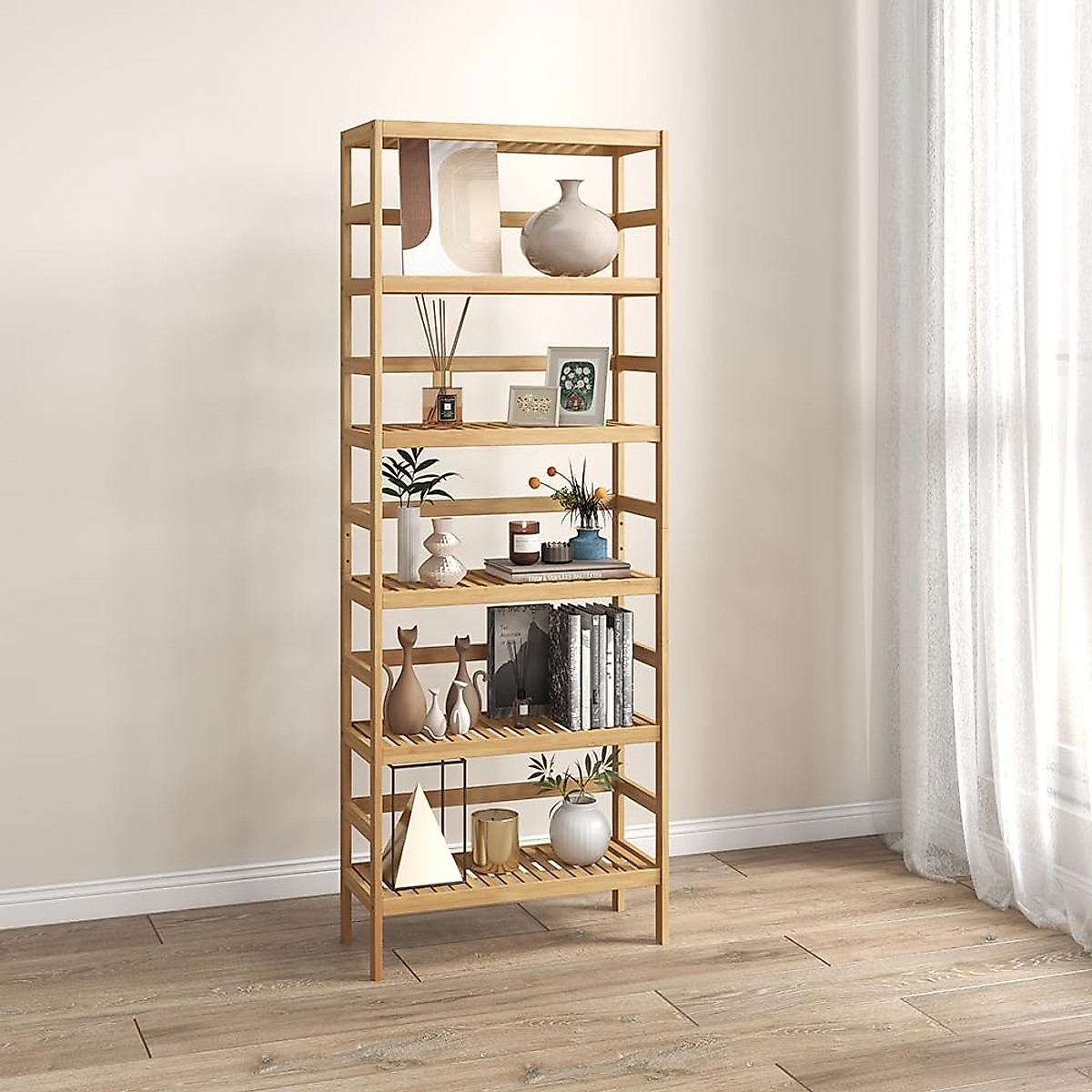HLXZN 6 Tier Bamboo Freestanding Shelf Unit, Multifunctional Bookshelf Bookcase for Bathroom, Kitchen, Living Room, Office