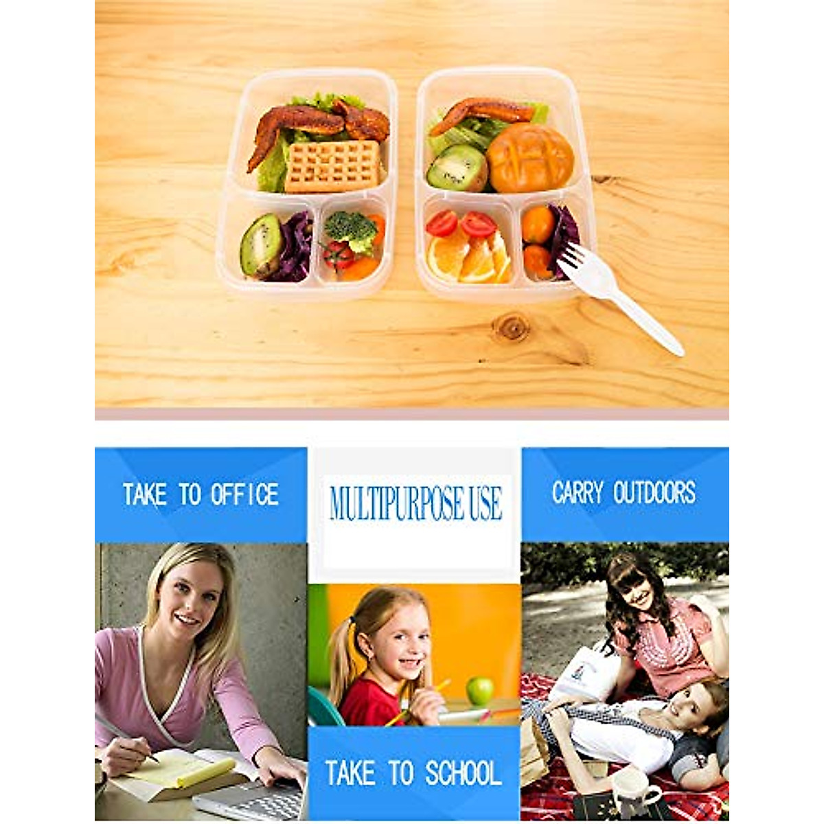 Mealcon Meal Prep Containers 3 Compartment Food Storage Containers Microwave Dishwasher Freezer Safe (Color mixing, 7 PACK (3compartment))