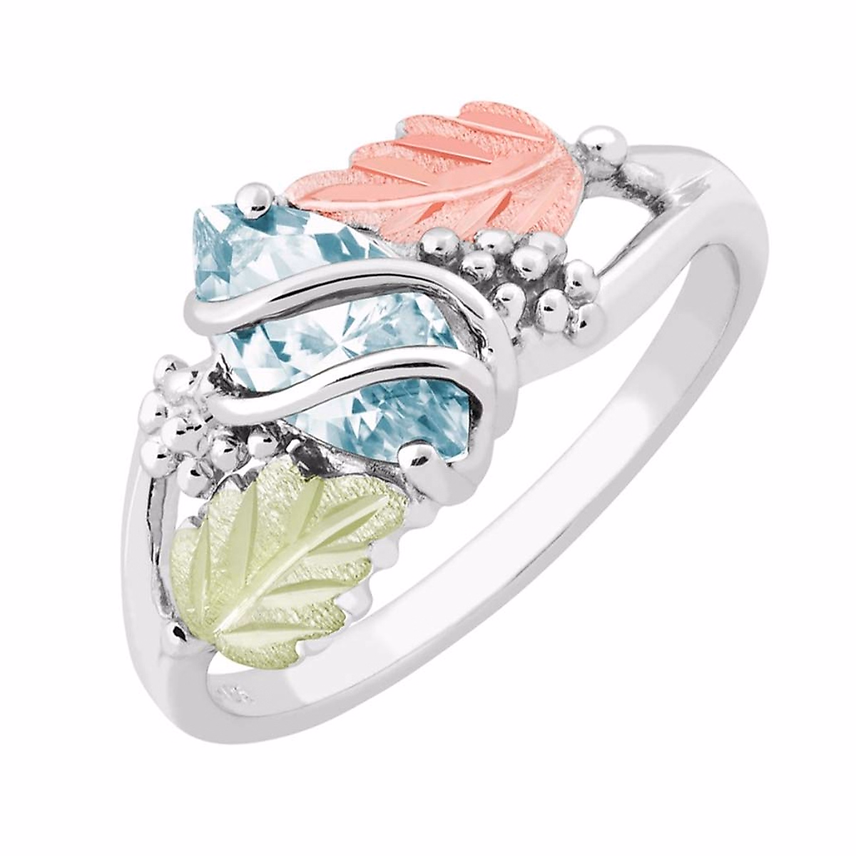 Marquise Synthetic Aquamarine March Birthstone Wrap Ring, Sterling Silver, 12k Green and Rose Black Hills Gold Size 5
