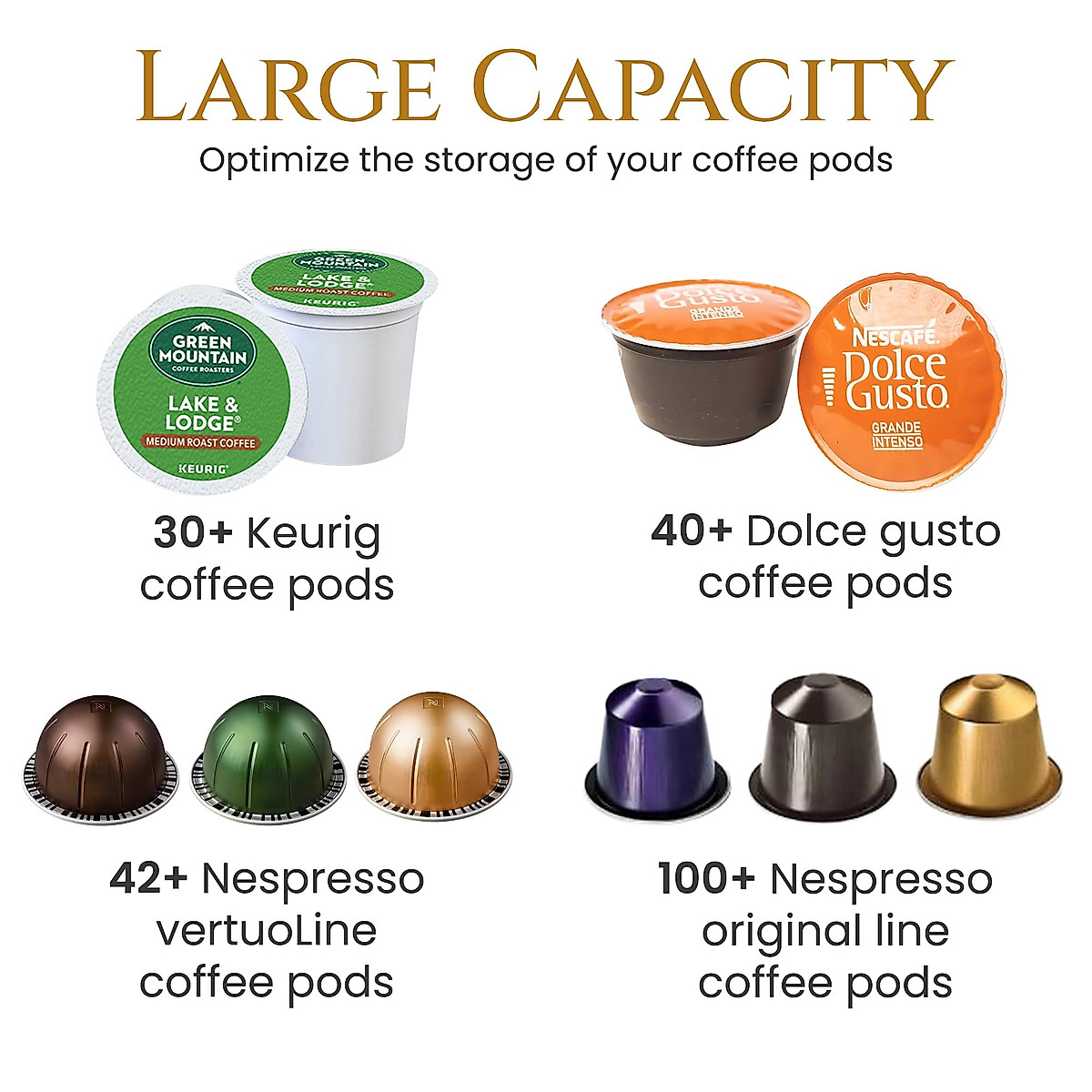 Coffee Pod Holder - Large Capacity Black Wire Kup Storage with Wooden Base - Modern Coffee Basket Decor for Kitchen Countertop for Pods & Espresso Capsules