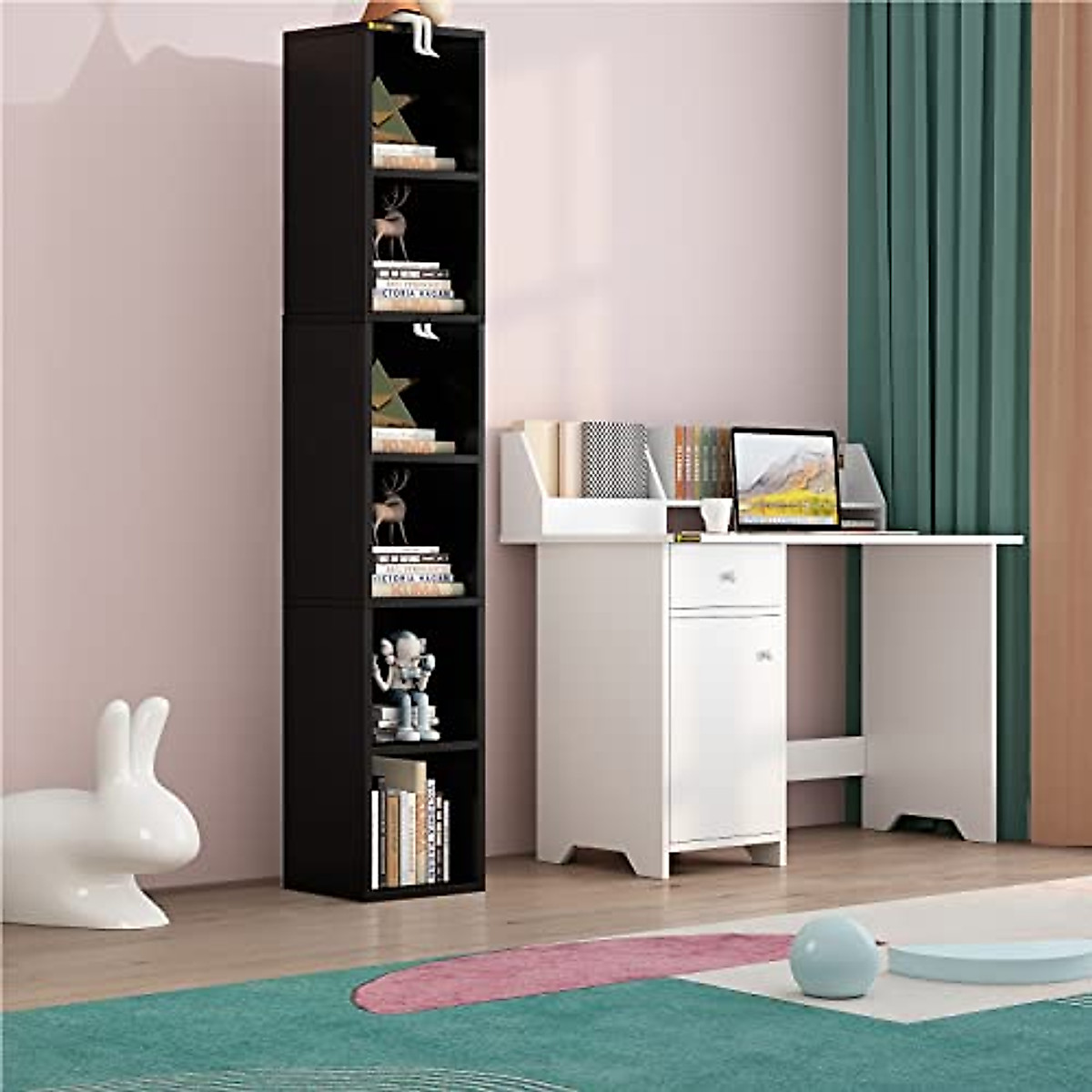 ALISENED 68.5" Tall Narrow Bookshelf, 6 Shelf Wooden Corner Bookcase, Modern Skinny Cubes Storage Organizer Display Shelving for Bedroom, Library, Living Room, Home, Office, Black